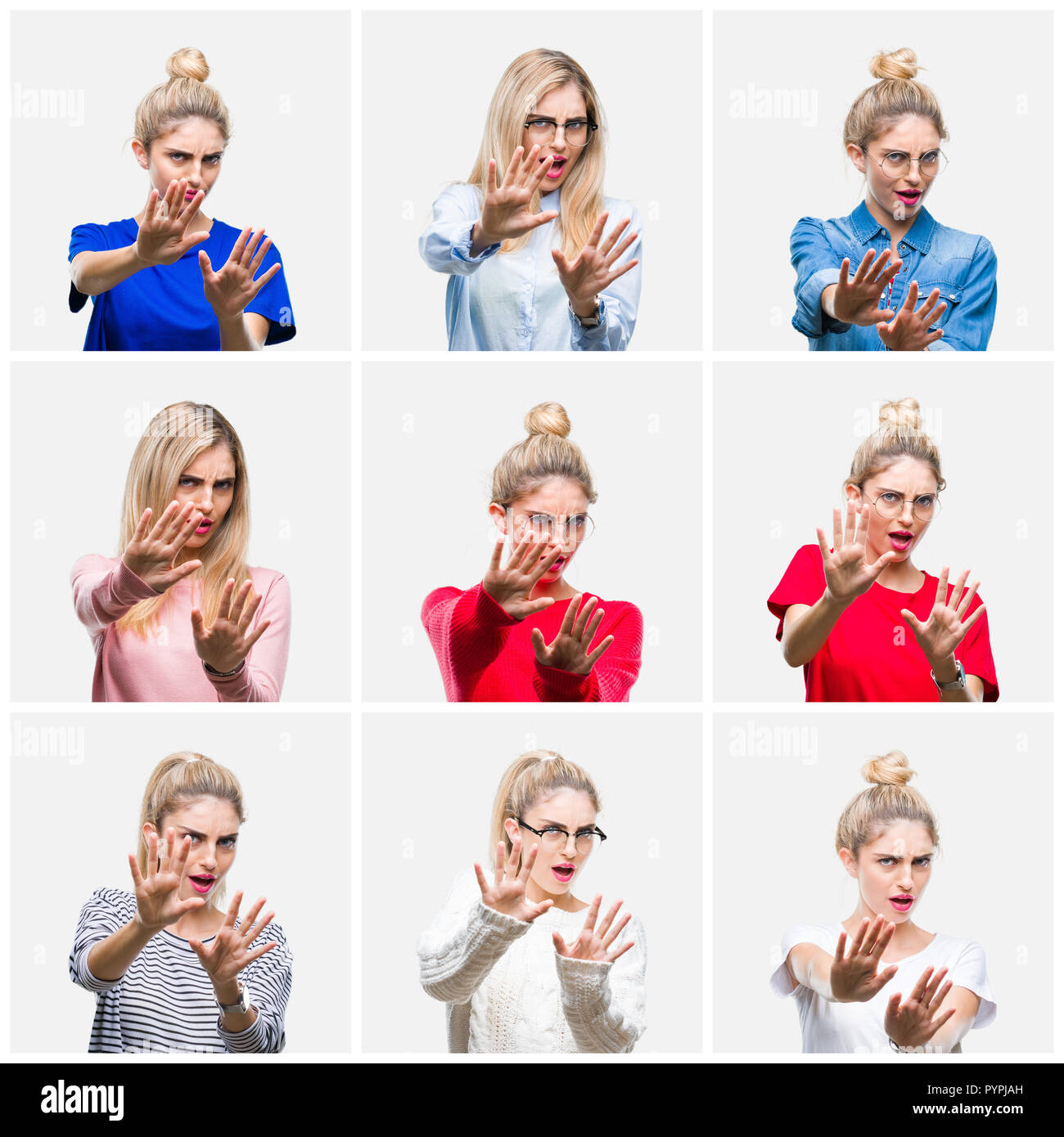 Collage of young beautiful blonde woman over white isolated background ...