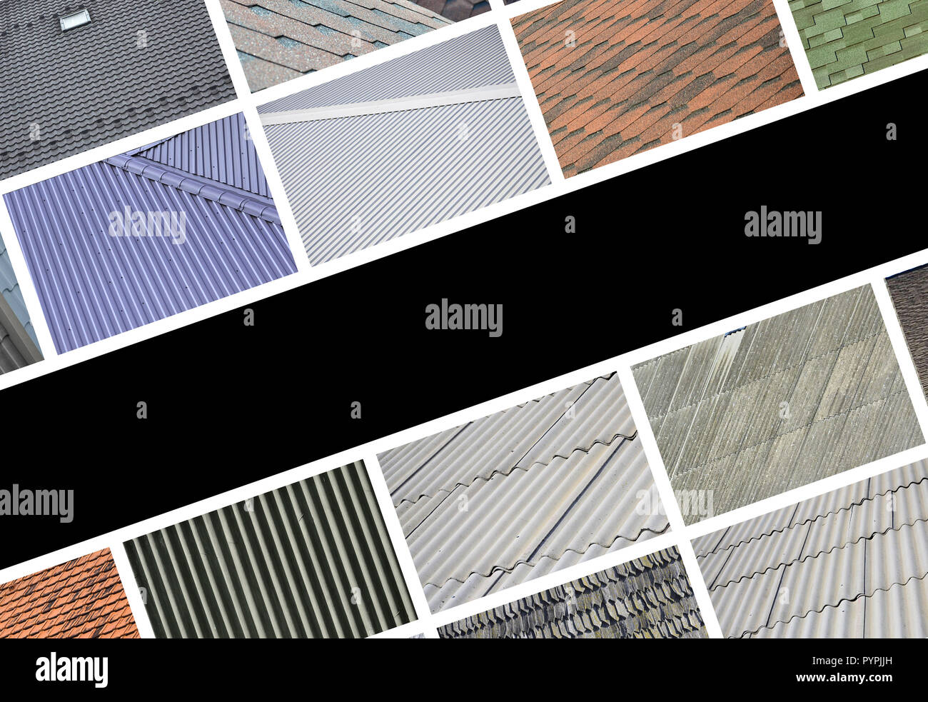 A collage of many pictures with fragments of various types of roofing ...