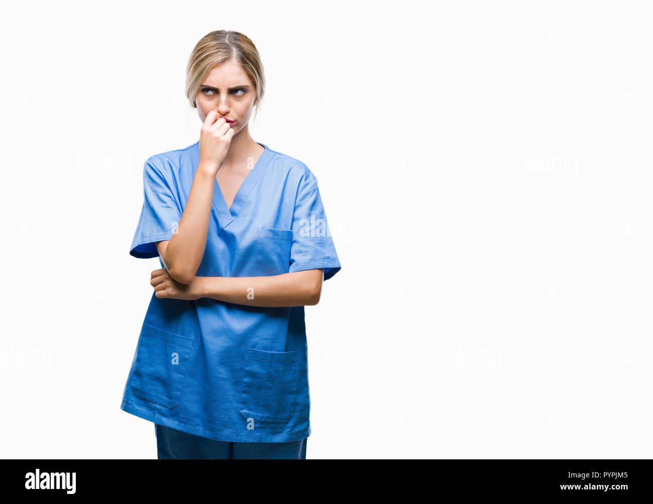 Young beautiful blonde doctor surgeon nurse woman over isolated ...