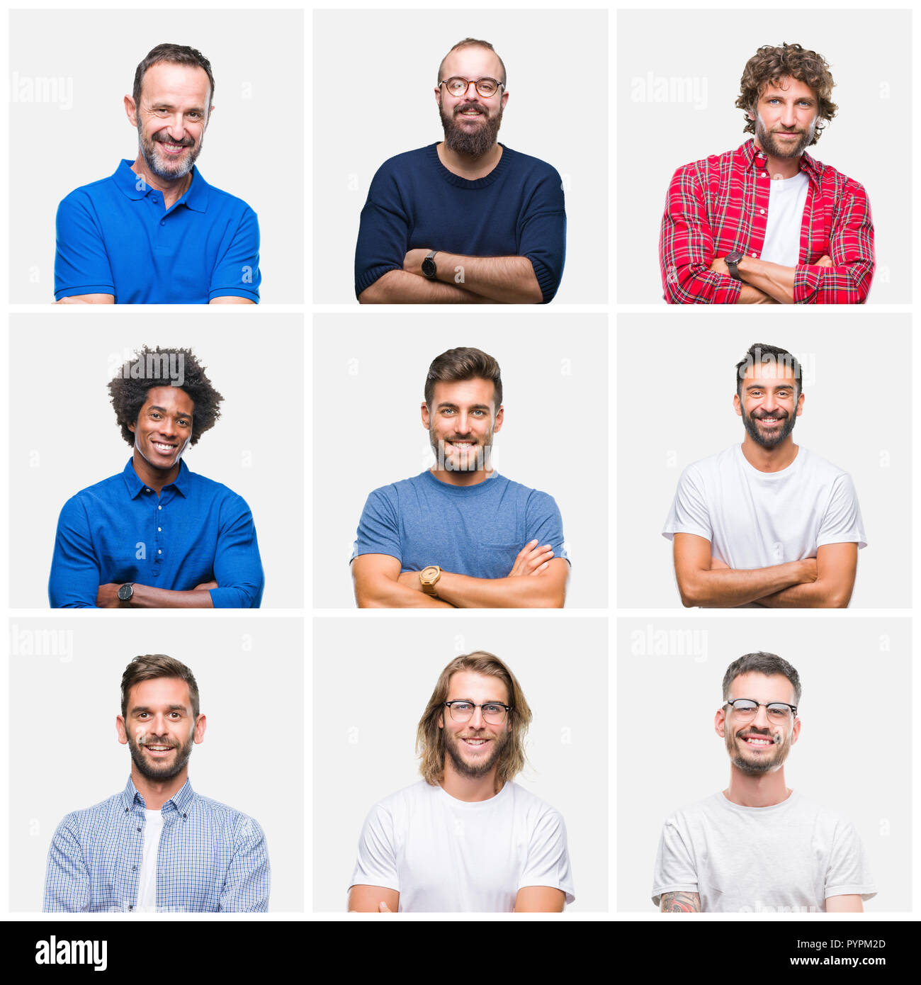 Collage of group of men over white isolated background happy face ...