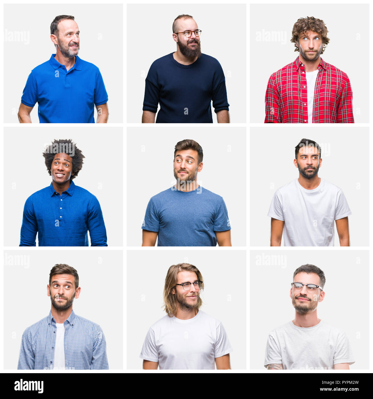 Collage of group of men over white isolated background smiling looking ...