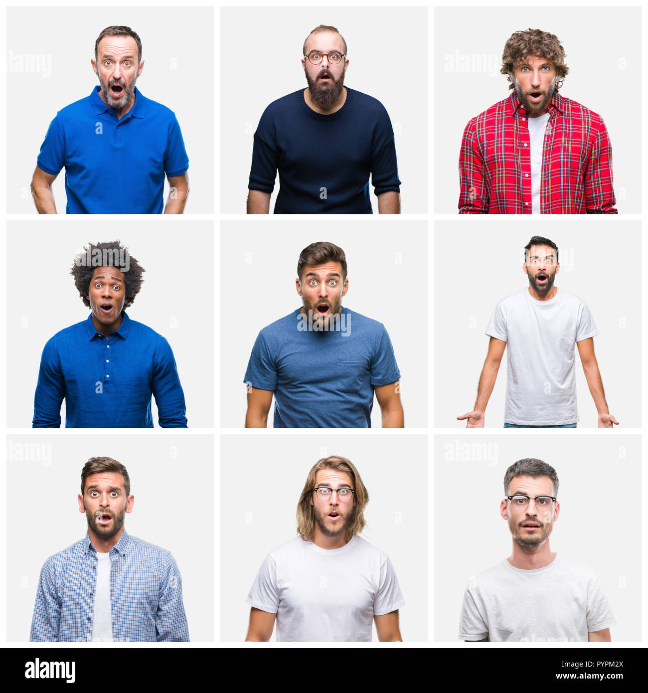 Collage of group of men over white isolated background afraid and ...