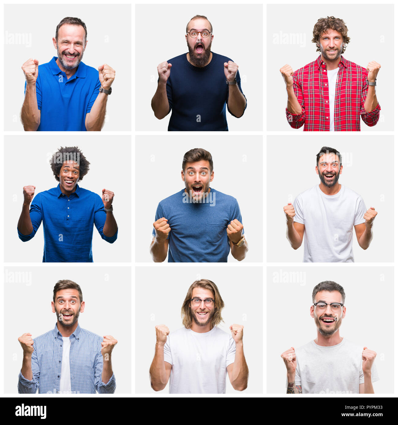 Collage of group of men over white isolated background celebrating ...