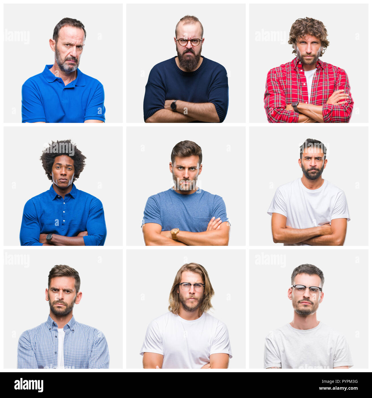 Collage of group of men over white isolated background skeptic and ...