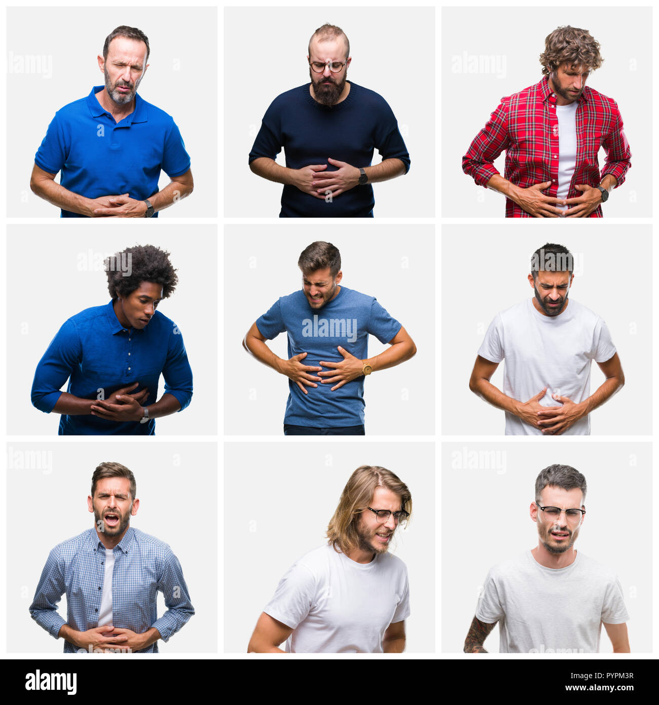Collage of group of men over white isolated background with hand on ...