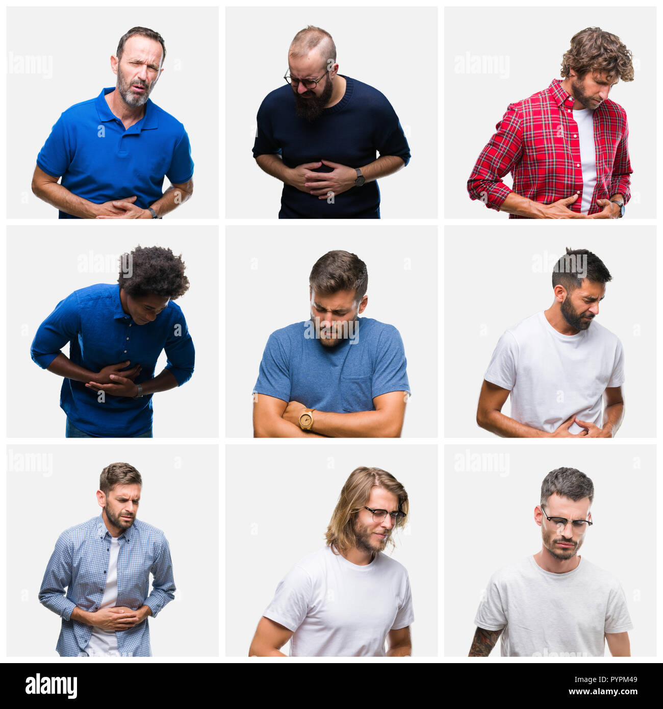 Collage of group of men over white isolated background with hand on ...