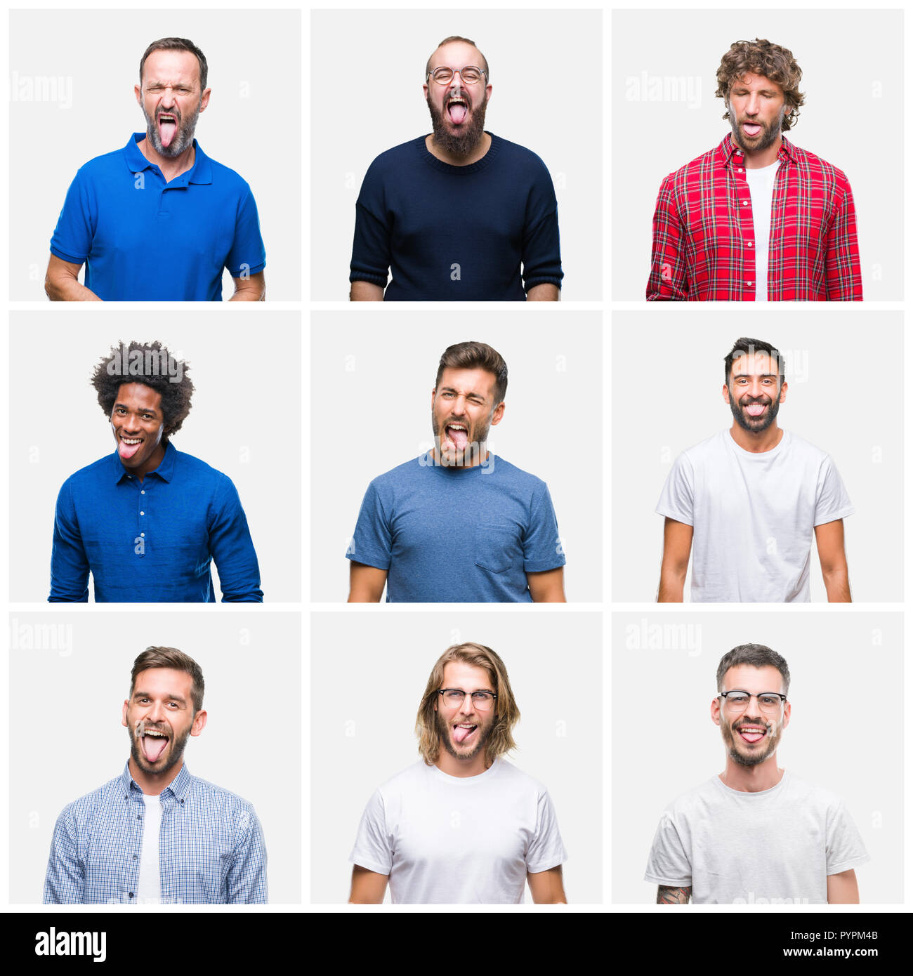 Collage of group of men over white isolated background sticking tongue ...
