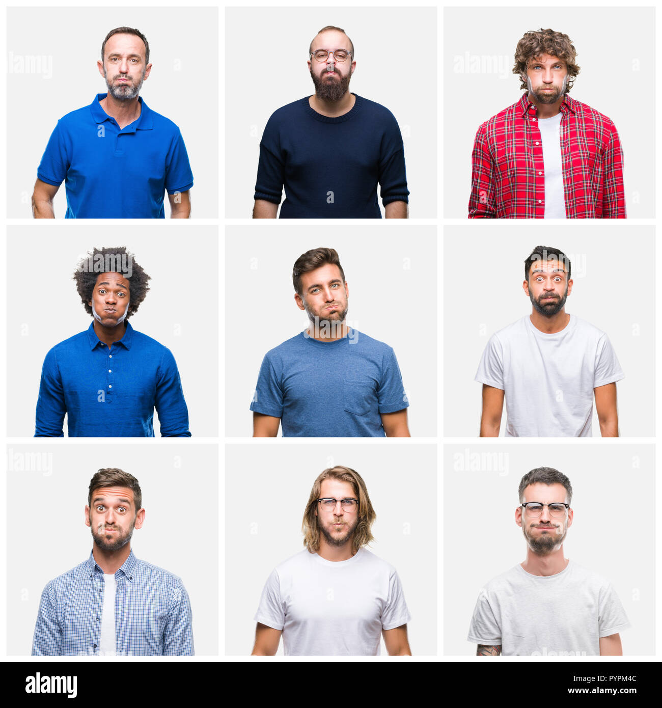 Collage of group of men over white isolated background puffing cheeks ...