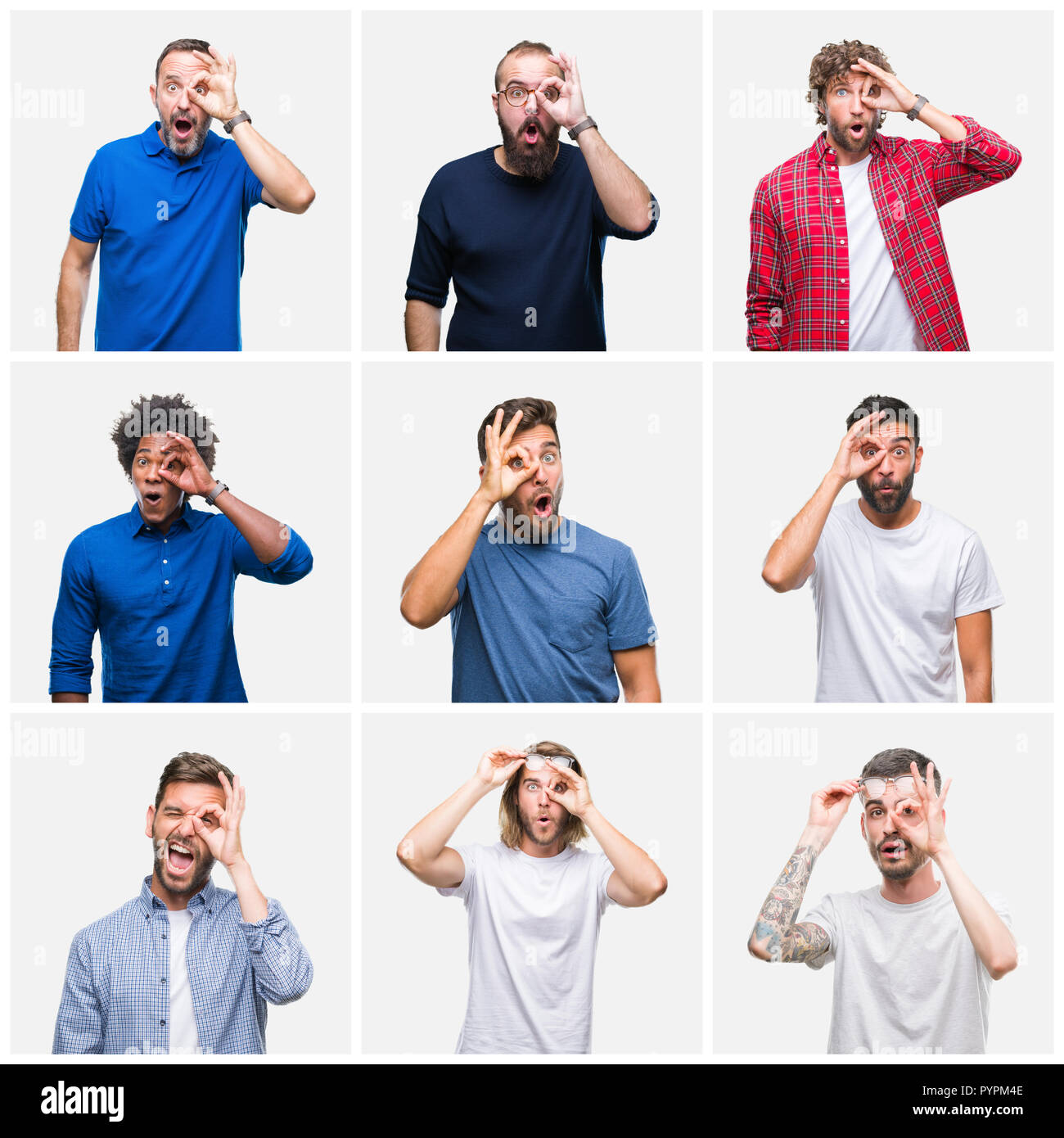 Collage of group of men over white isolated background doing ok gesture ...