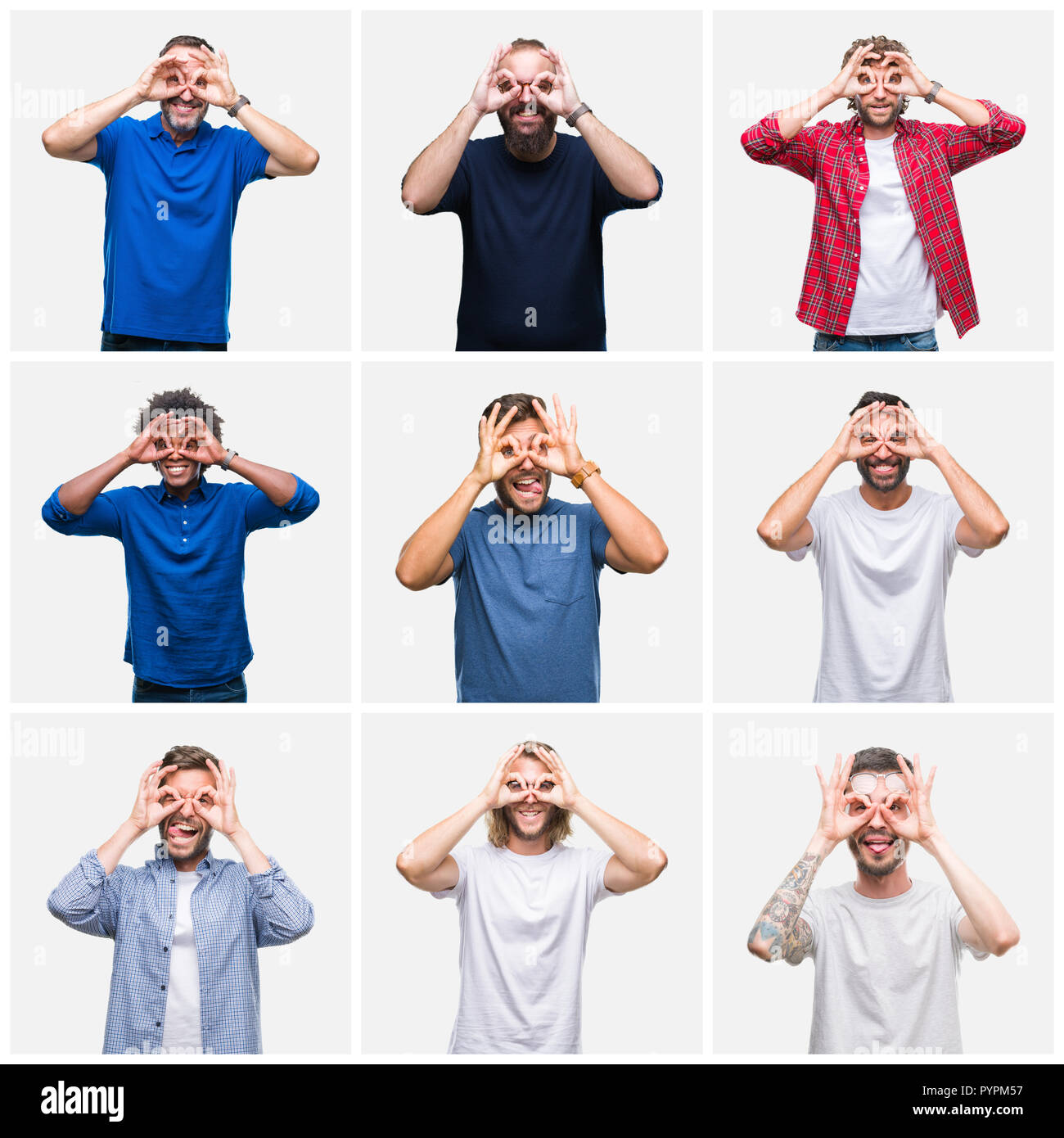 Collage of group of men over white isolated background doing ok gesture ...