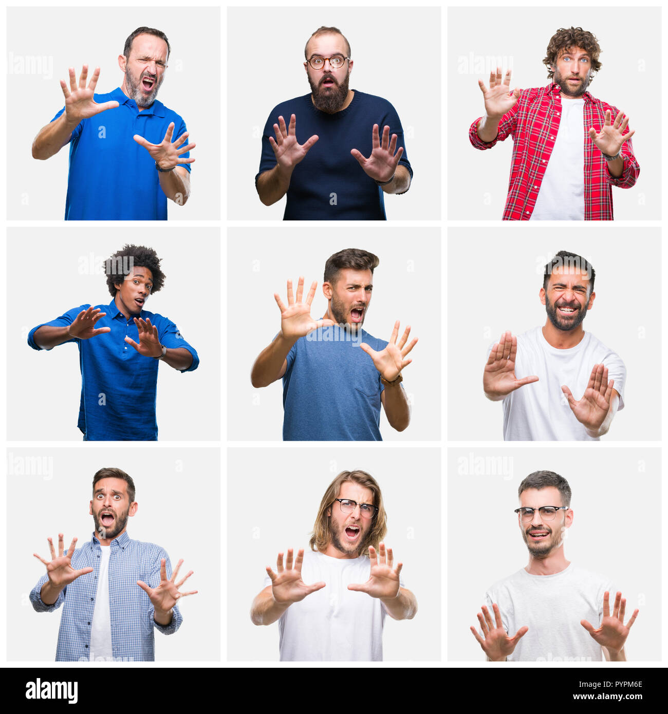 Collage of group of men over white isolated background afraid and ...