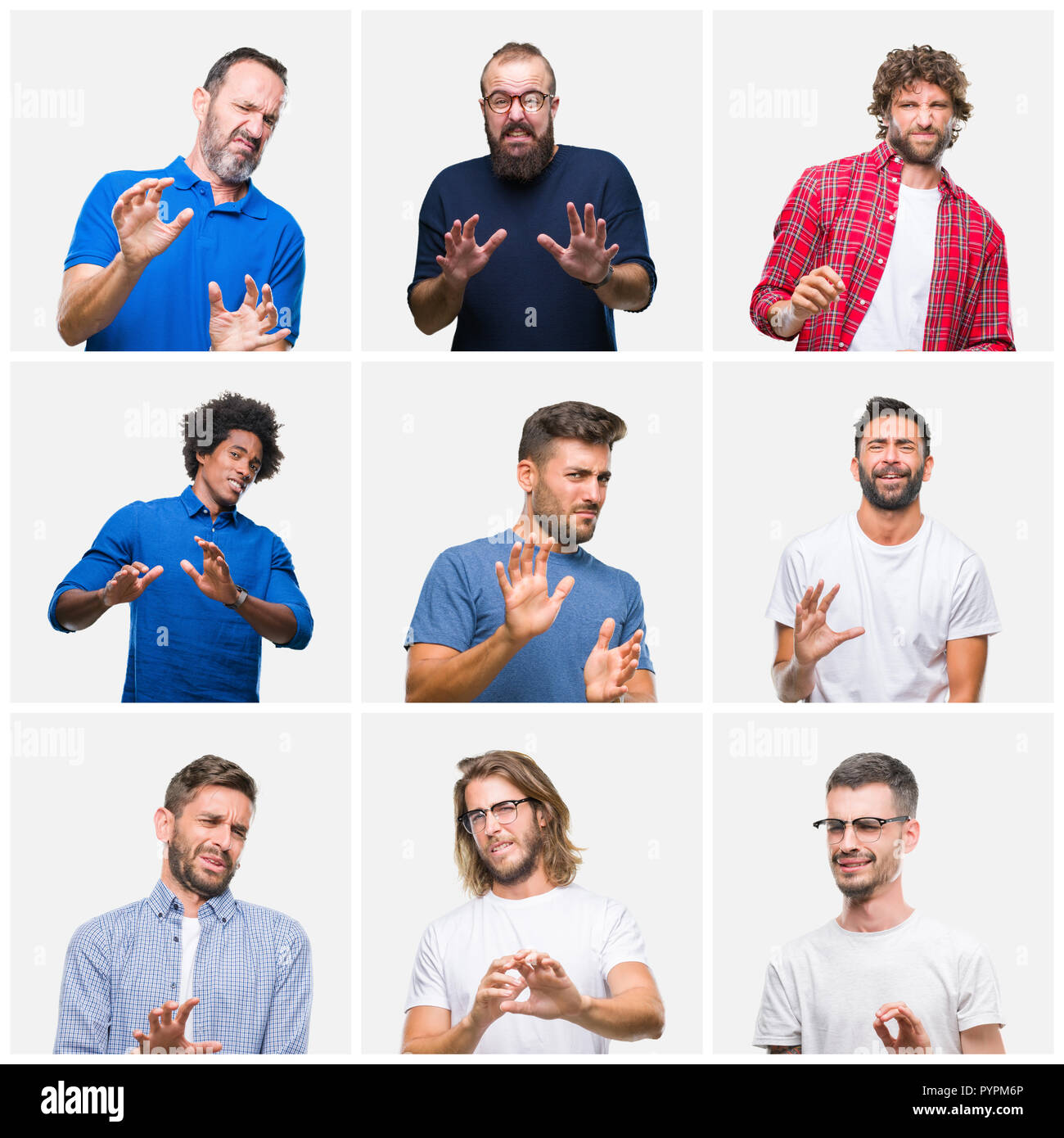 Collage of group of men over white isolated background disgusted ...