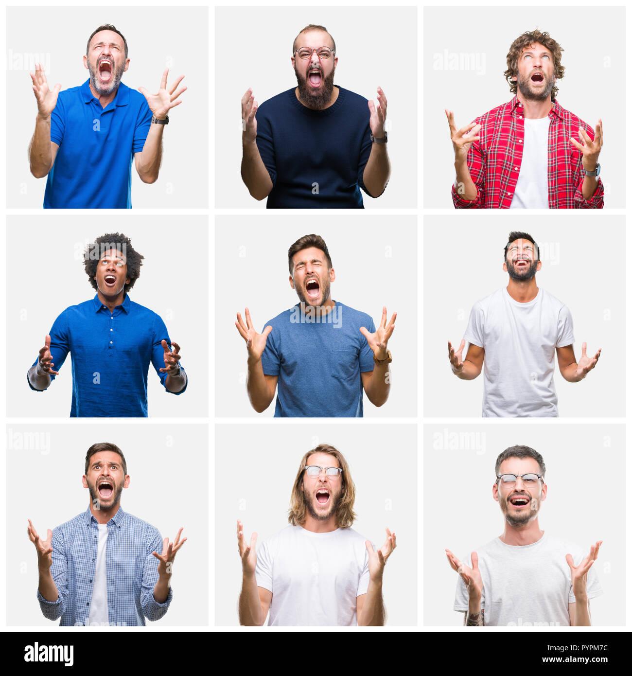 Collage of group of men over white isolated background crazy and mad ...
