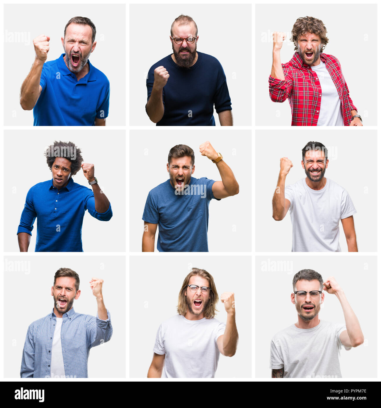 Collage of group of men over white isolated background angry and mad ...