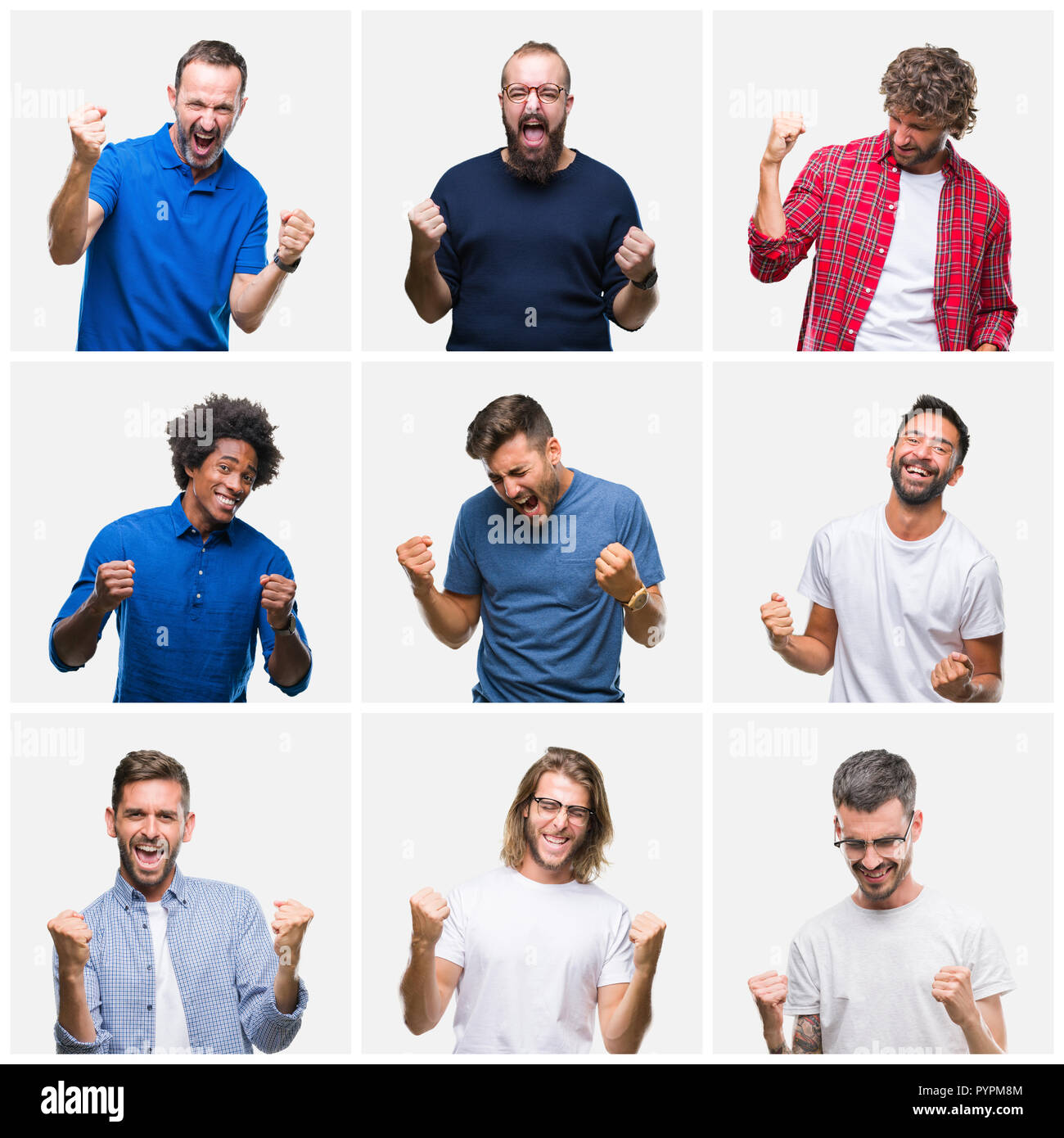 Collage of group of men over white isolated background very happy and ...