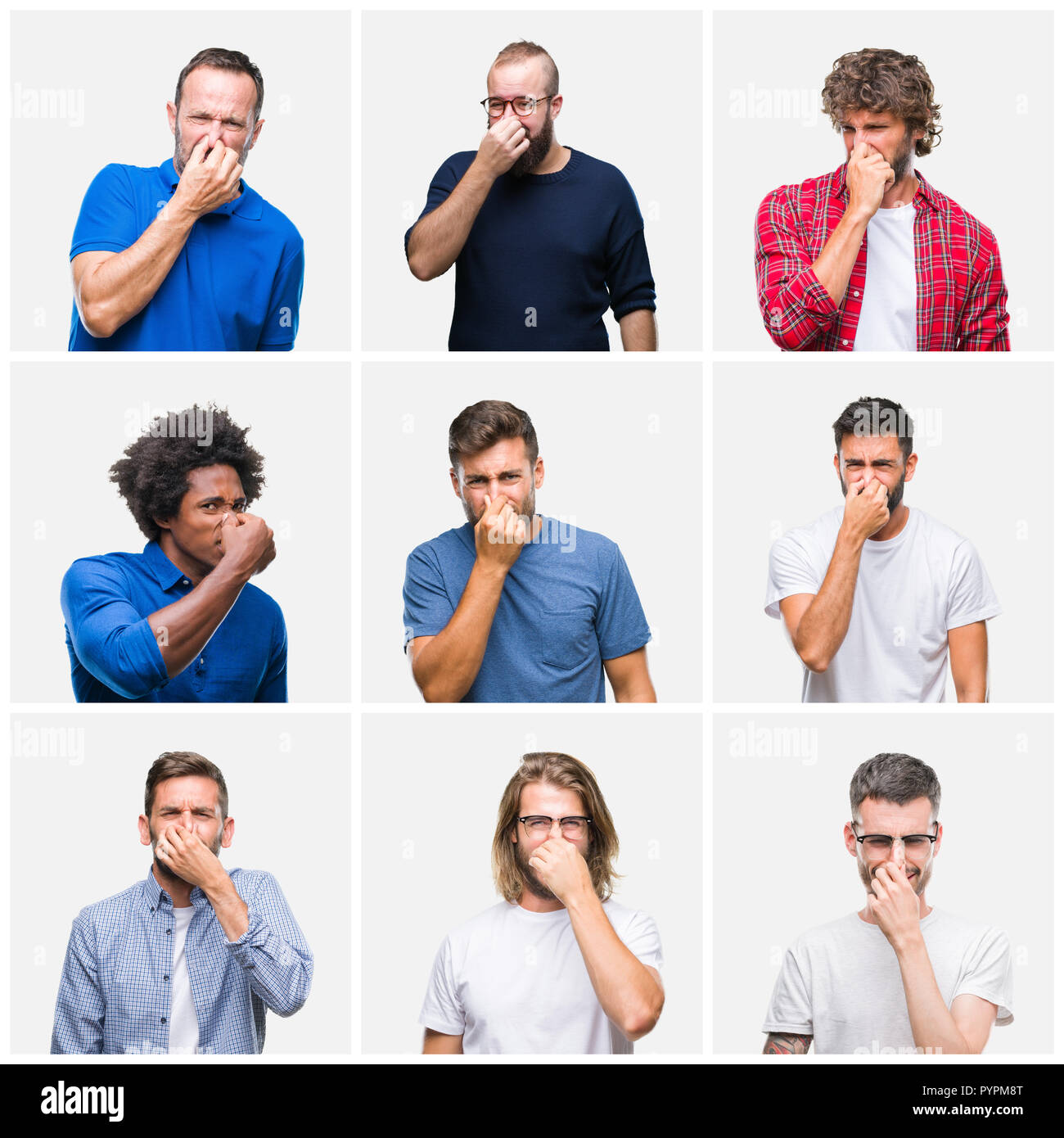Collage of group of men over white isolated background smelling ...