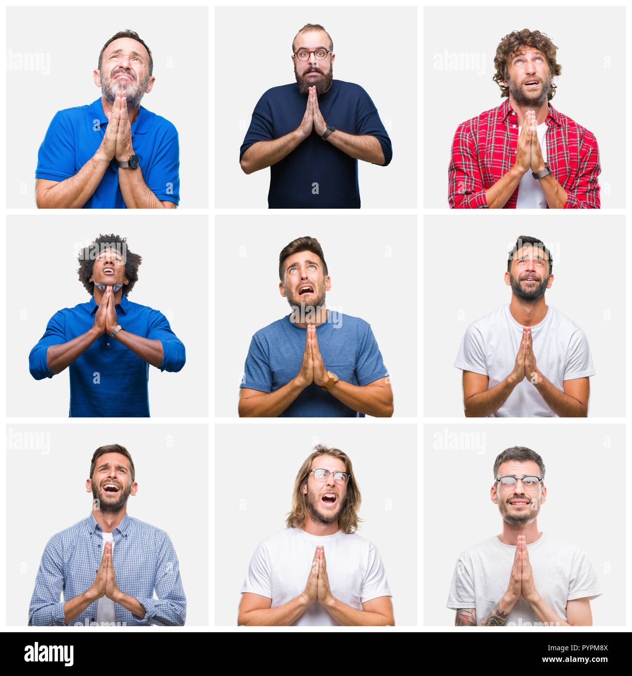 Collage of group of men over white isolated background begging and ...