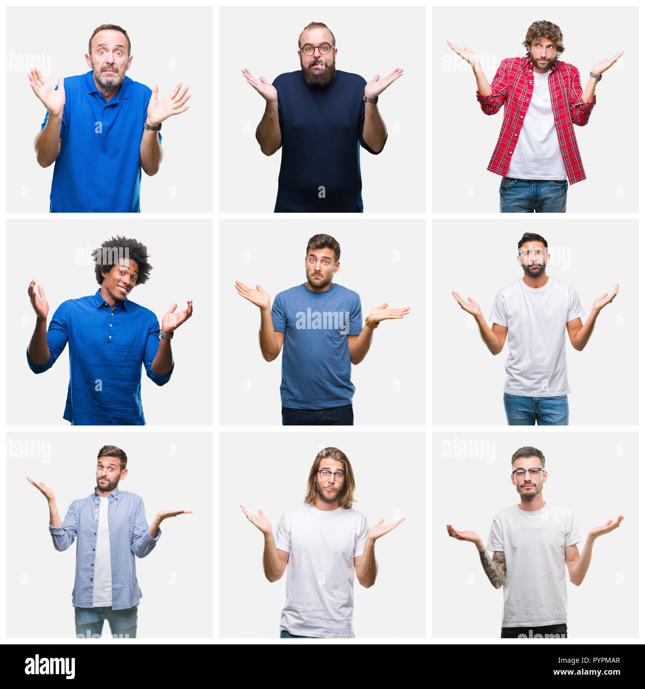 Collage of group of men over white isolated background clueless and ...