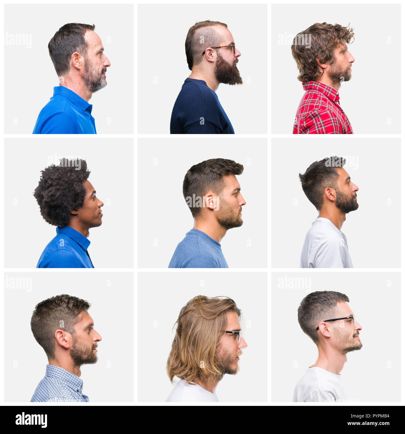 Collage of group of men over white isolated background looking to side ...