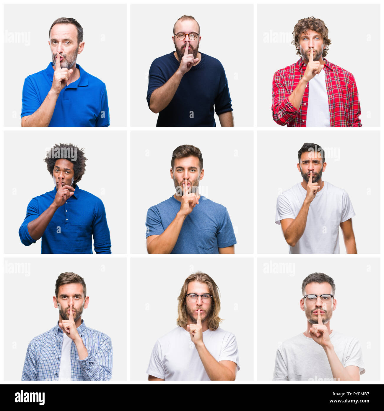 Collage of group of men over white isolated background asking to be ...