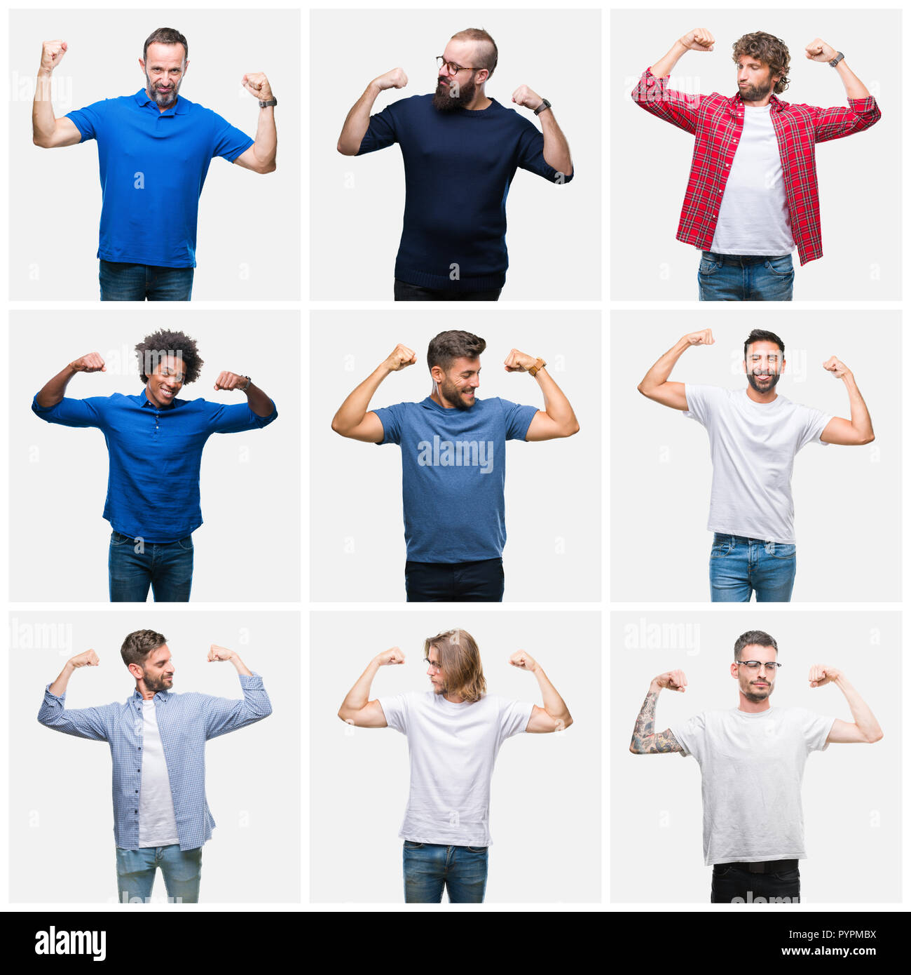 Collage of group of men over white isolated background showing arms ...
