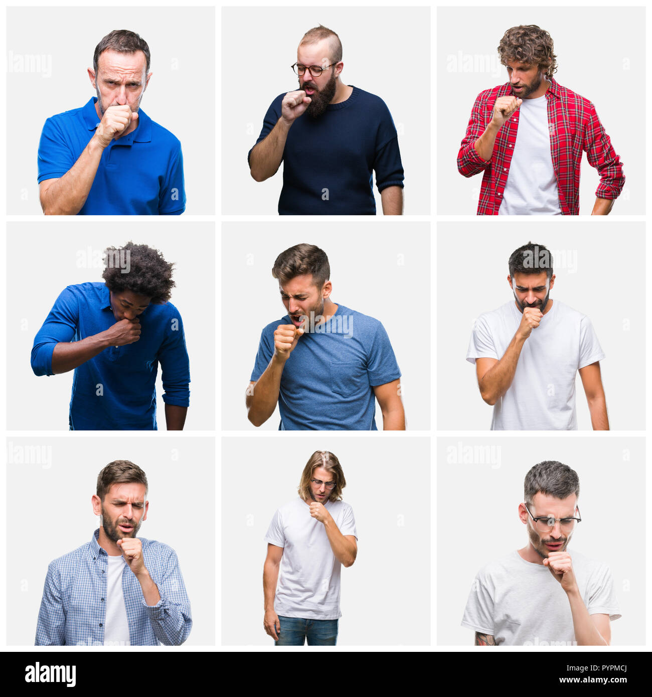 Collage of group of men over white isolated background feeling unwell ...