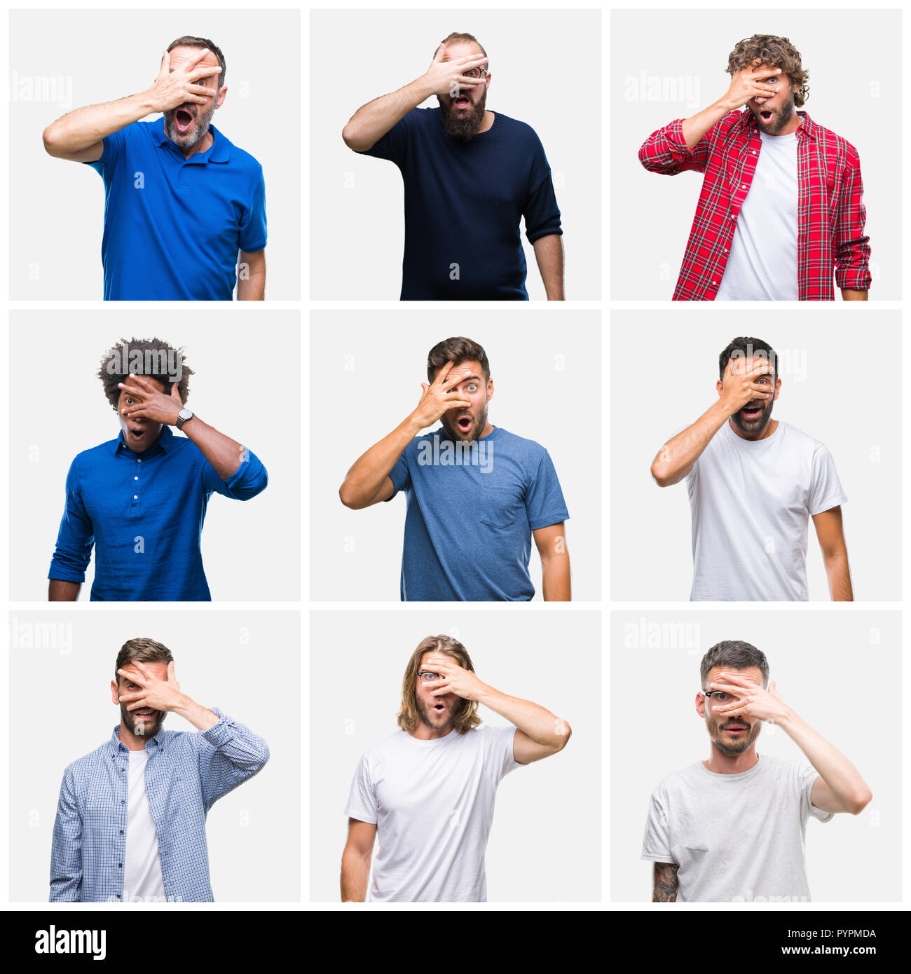 Collage of group of men over white isolated background peeking in shock ...