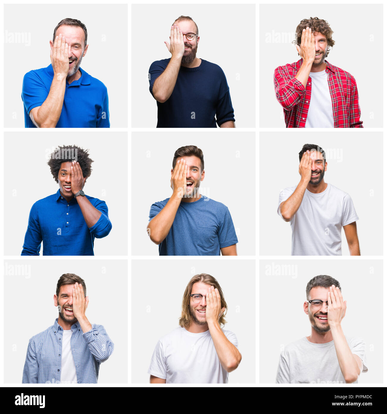 Collage of group of men over white isolated background covering one eye ...