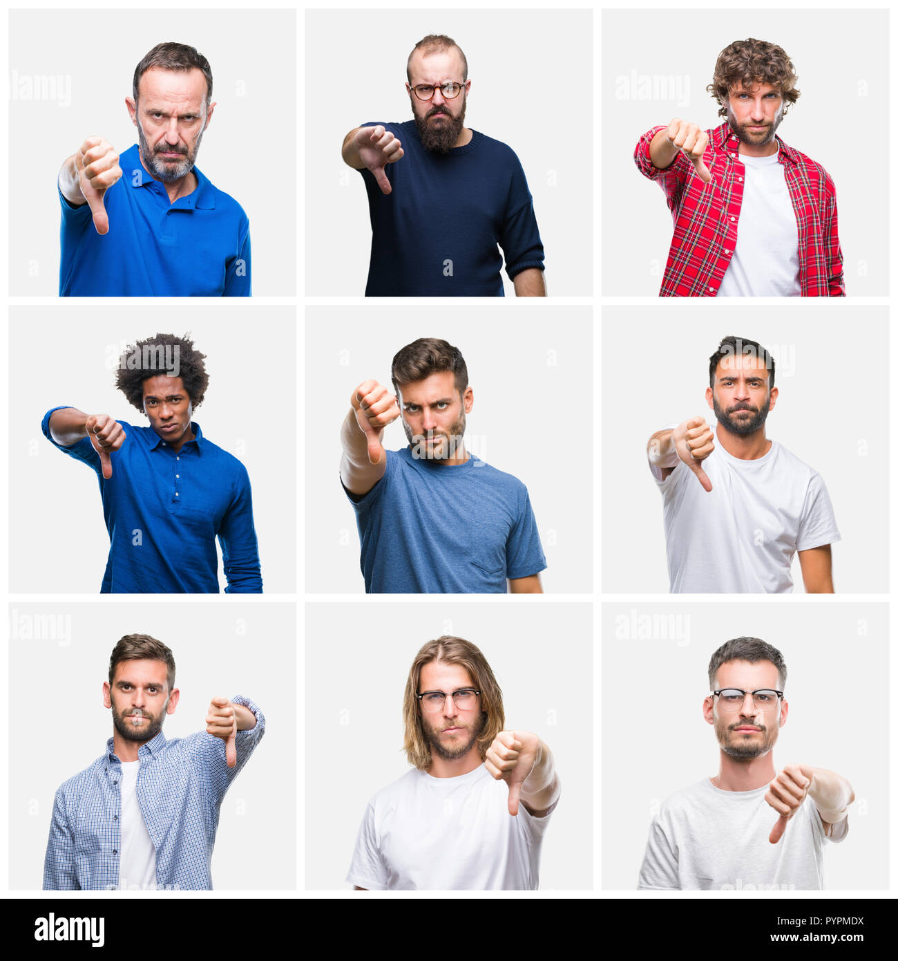 Collage of group of men over white isolated background looking unhappy ...