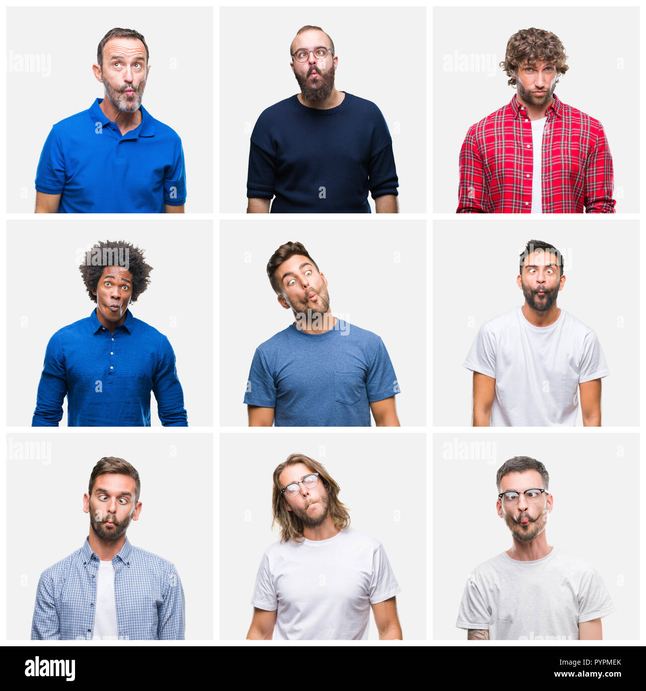 Collage of group of men over white isolated background making fish face ...