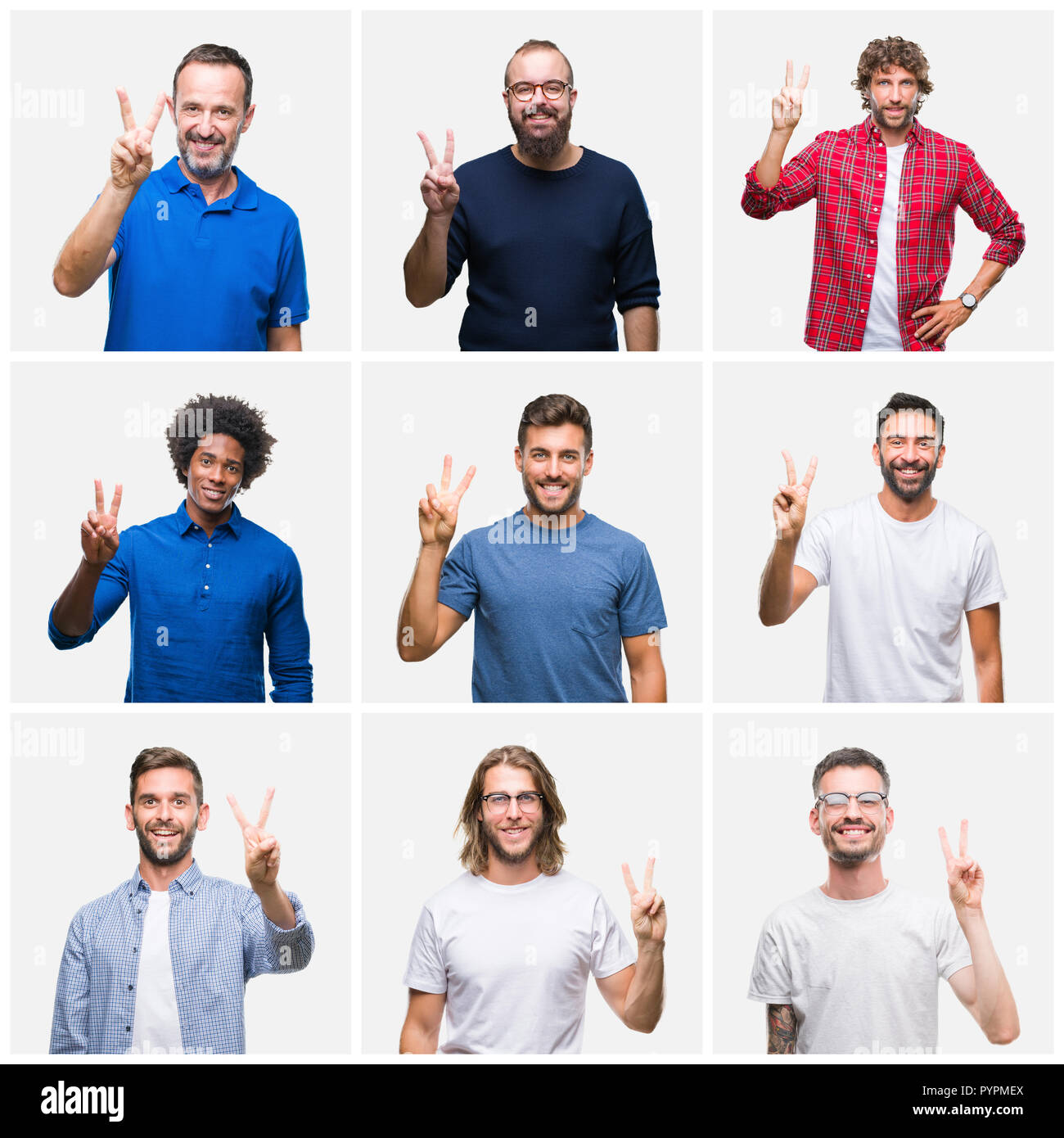 Collage of group of men over white isolated background showing and ...