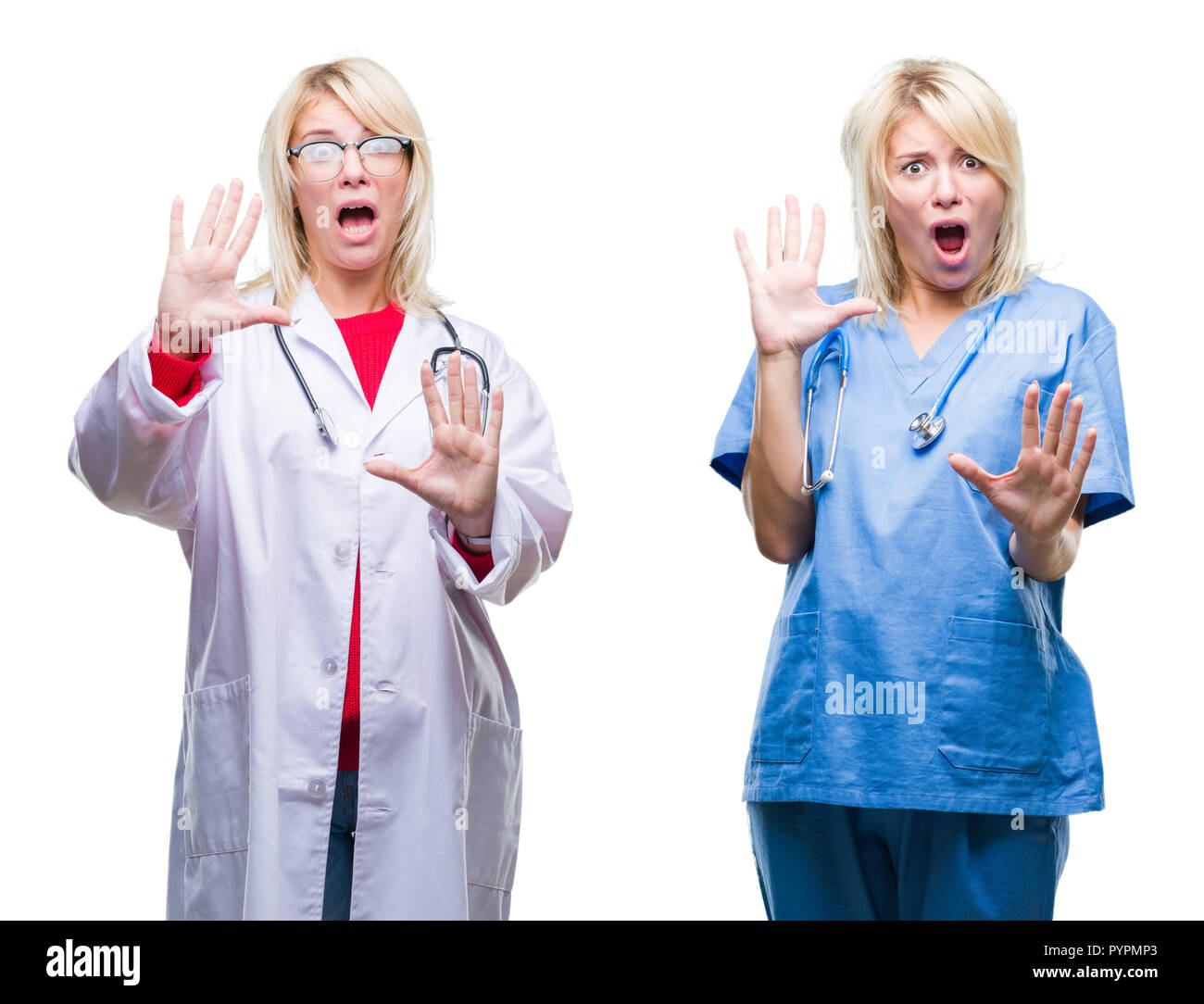Collage of doctor and nurse woman over white isolated background afraid ...