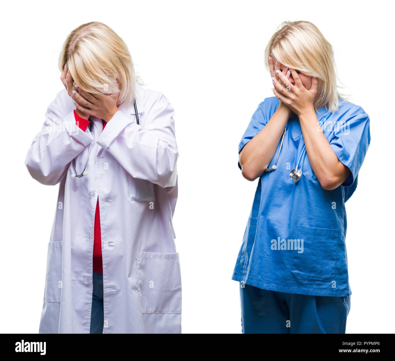 Collage of doctor and nurse woman over white isolated background with ...