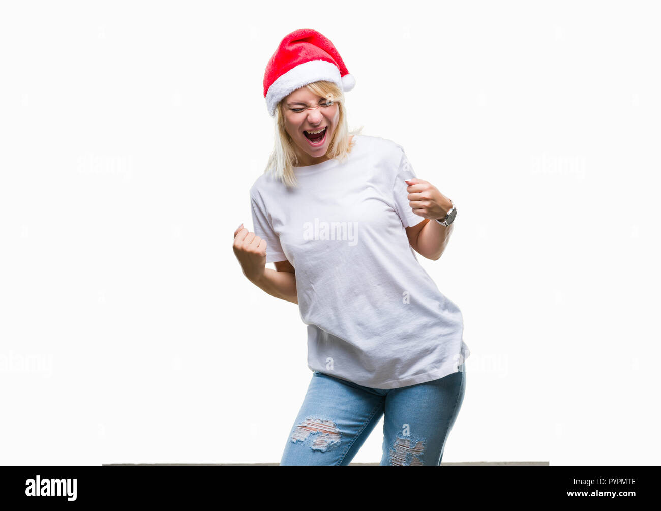 Young beautiful blonde woman wearing christmas hat over isolated ...