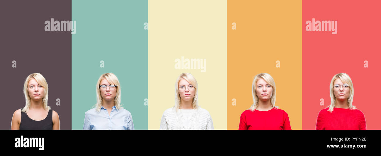 Collage of beautiful blonde woman over vintage isolated background with ...