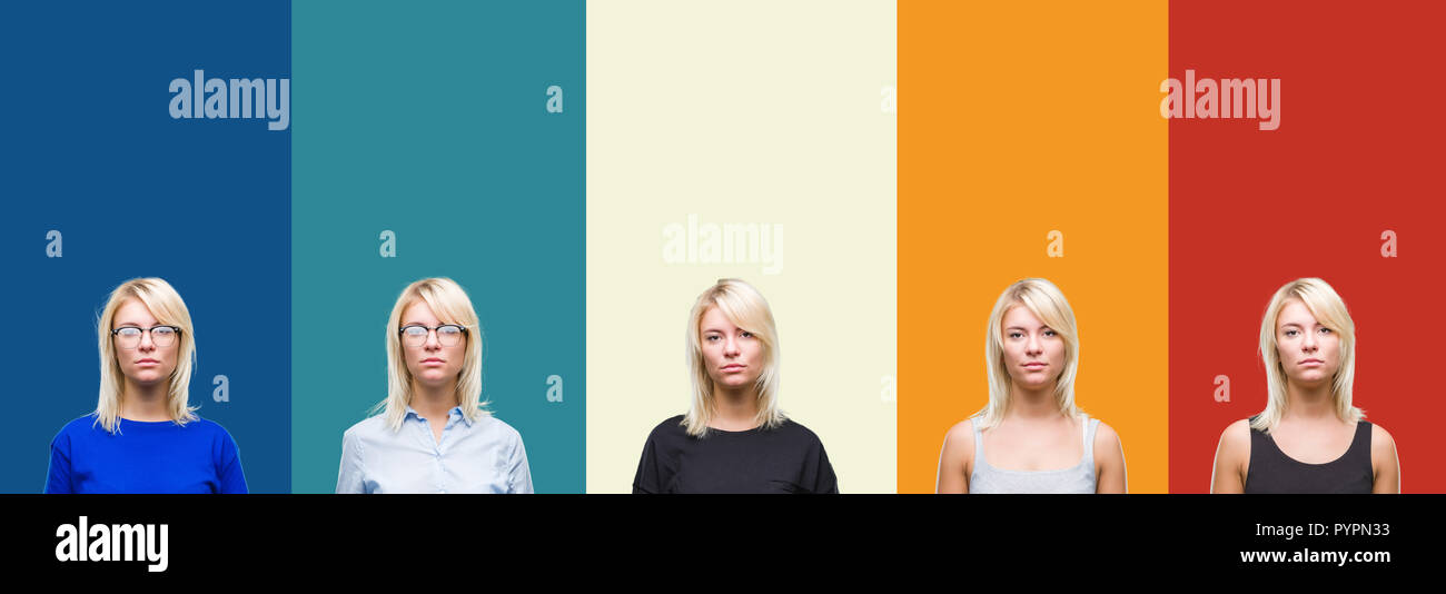 Collage of beautiful blonde woman over colorful vintage isolated ...