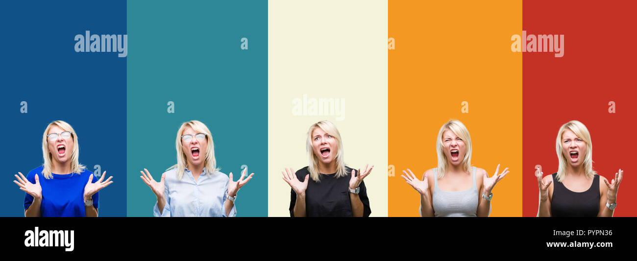 Collage of beautiful blonde woman over colorful vintage isolated ...