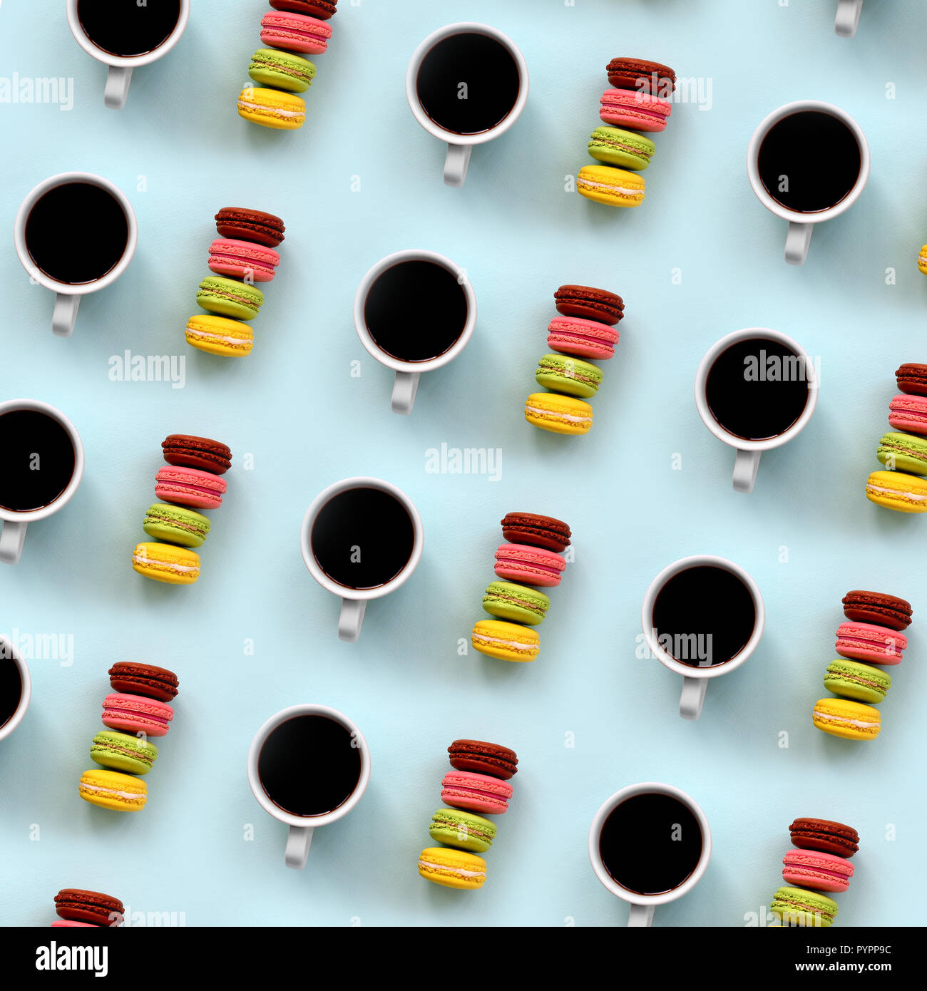 A pattern of many colorful dessert cake macaroon and coffee cups on ...