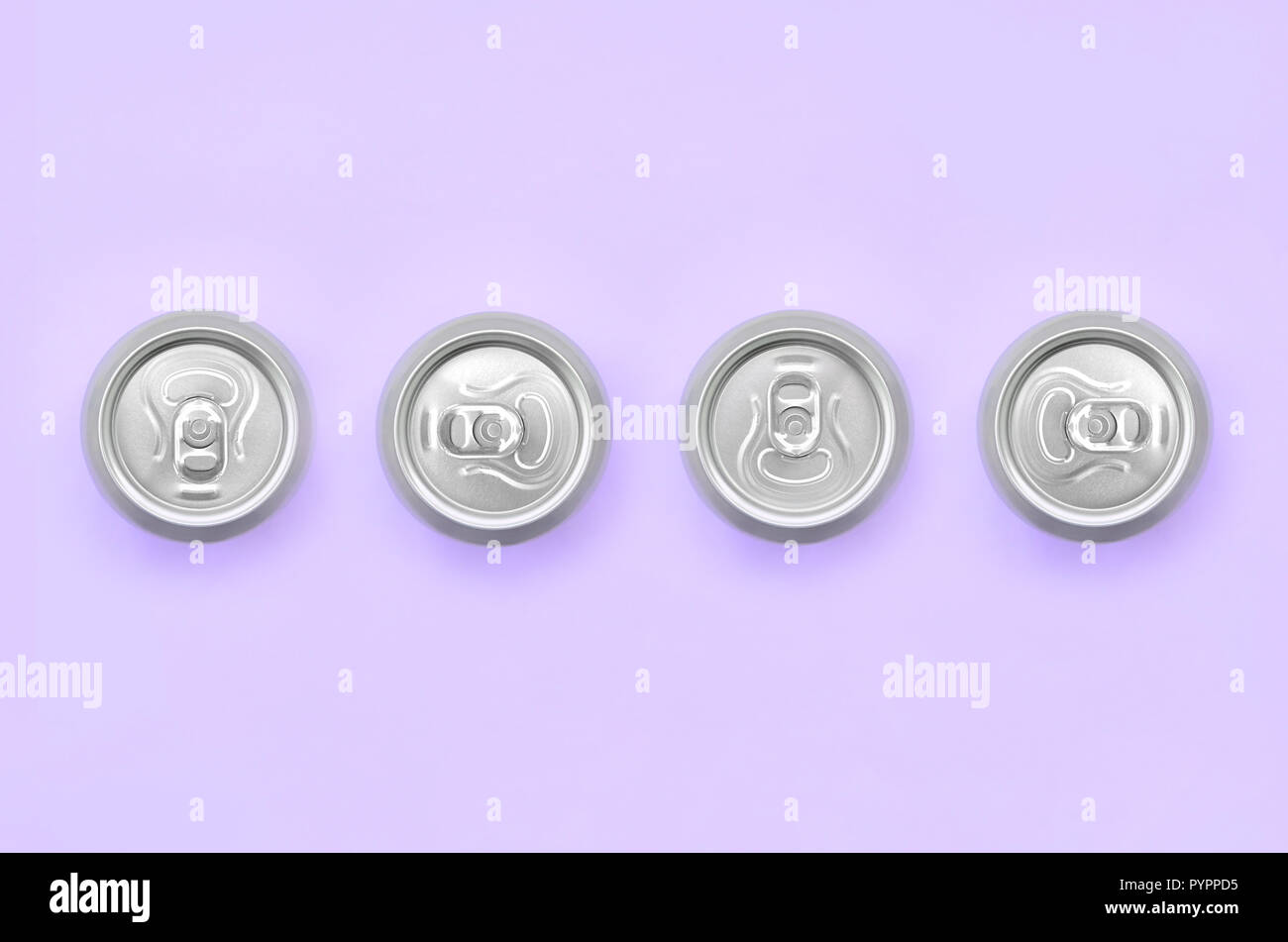Many metallic beer cans on texture background of fashion pastel violet ...