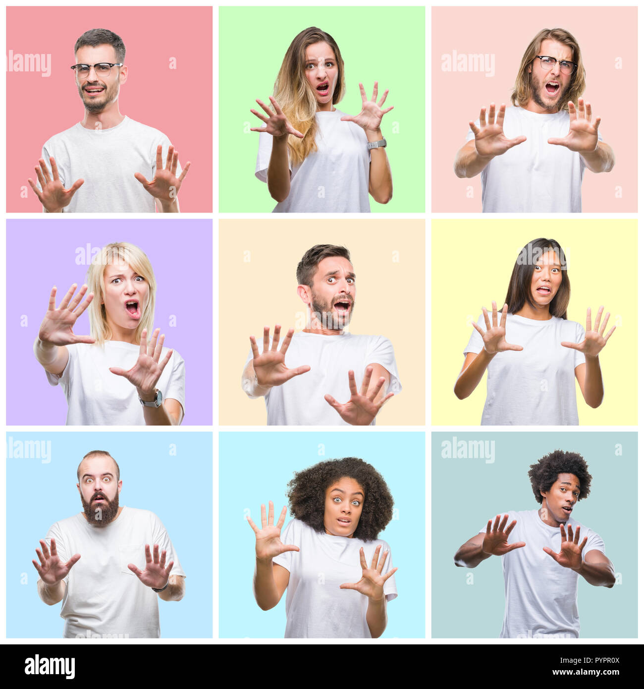 Collage of group people, women and men over colorful isolated ...