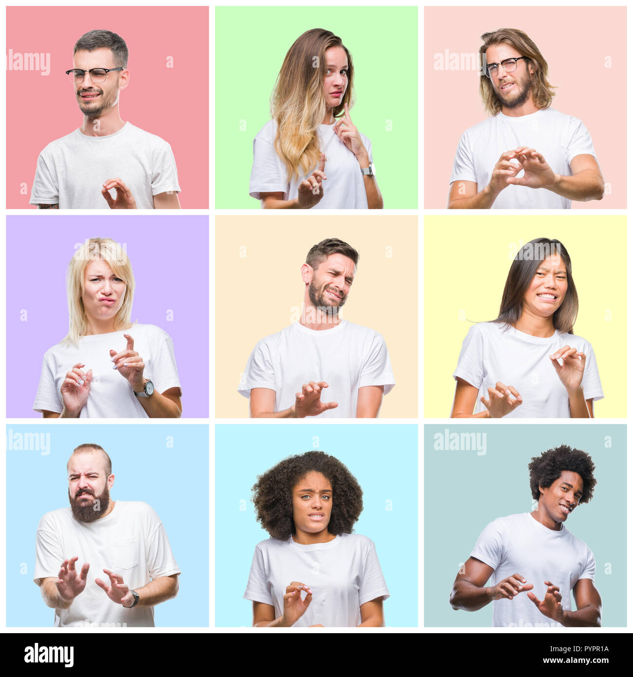 Collage of group people, women and men over colorful isolated ...