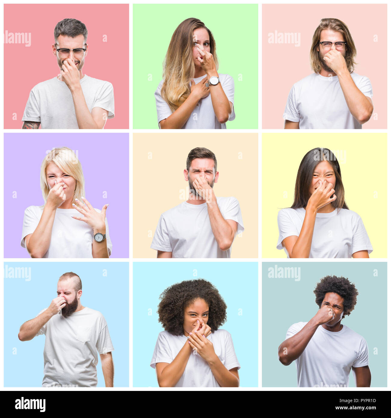 Collage of group people, women and men over colorful isolated ...