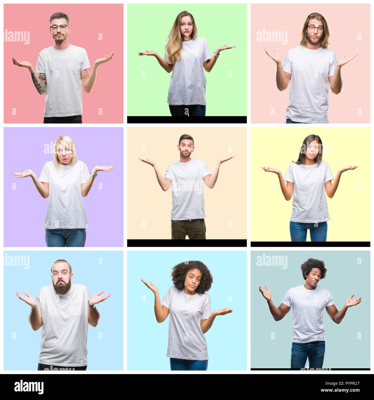 Collage of group people, women and men over colorful isolated ...