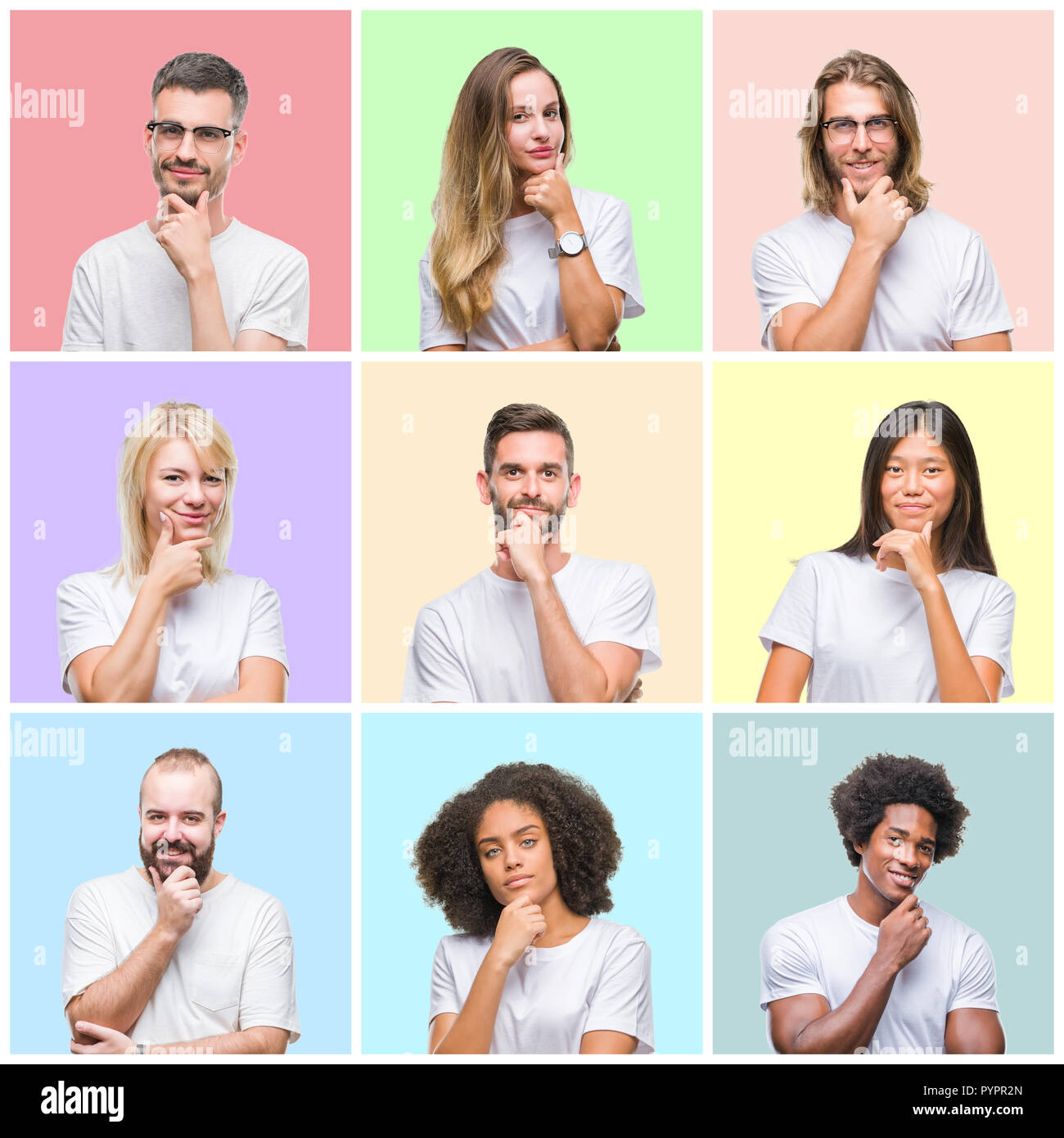 Collage of group people, women and men over colorful isolated ...