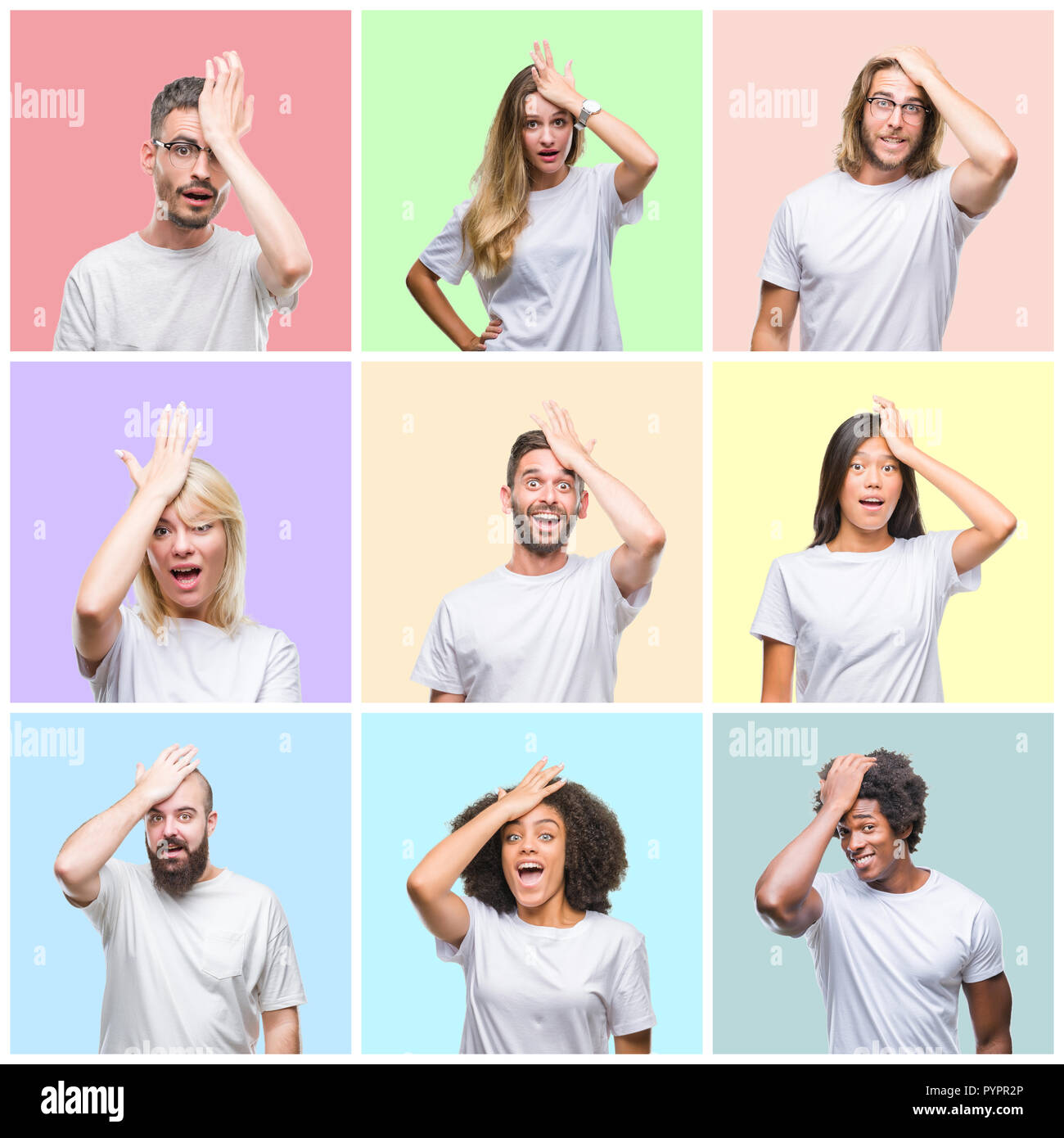 Collage of group people, women and men over colorful isolated ...