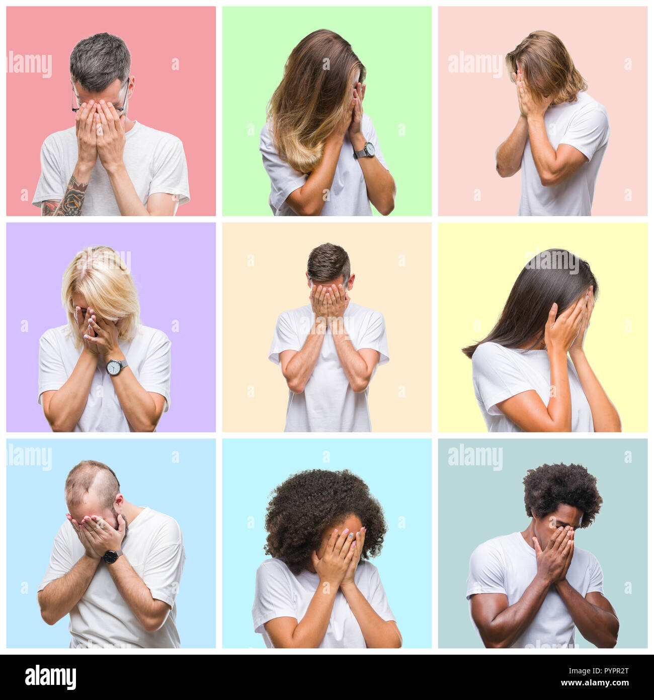 Collage of group people, women and men over colorful isolated ...