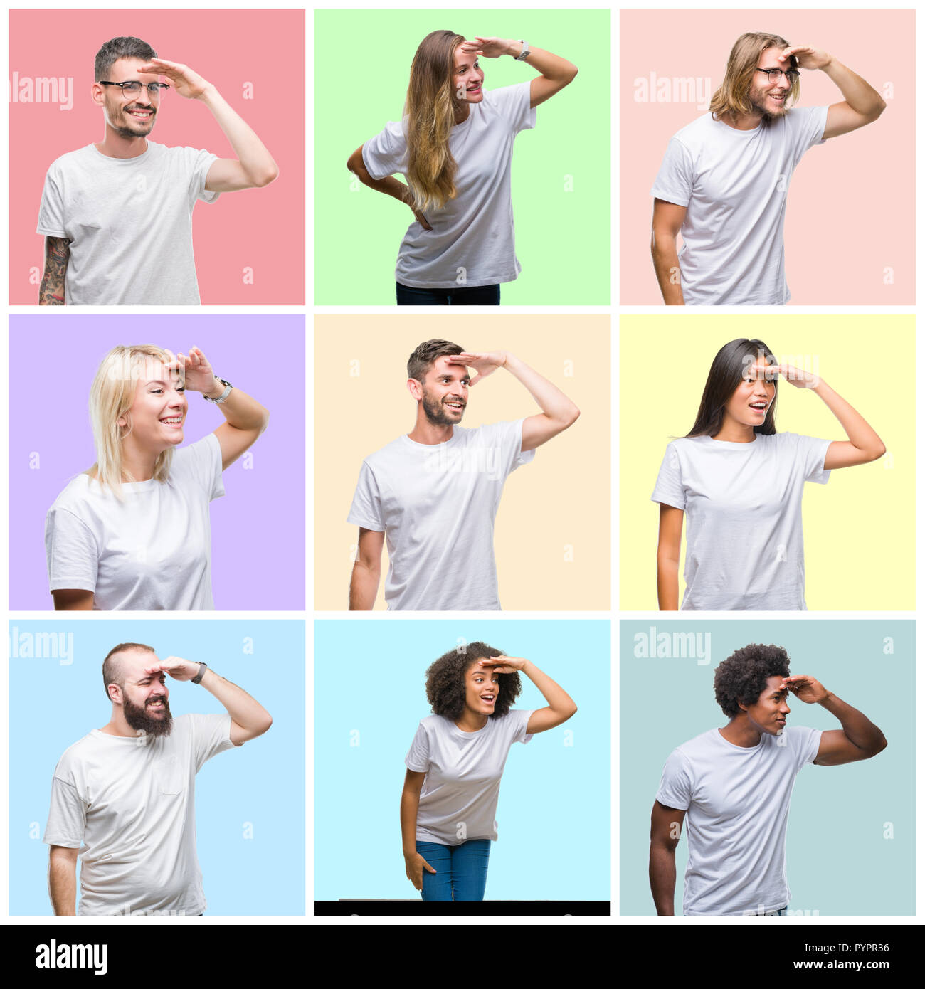 Collage of group people, women and men over colorful isolated ...