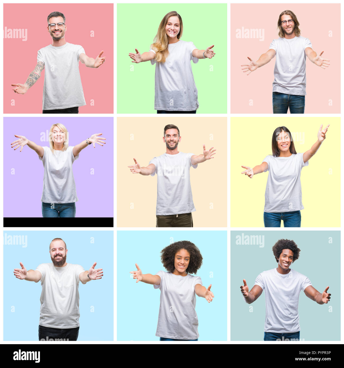 Collage of group people, women and men over colorful isolated ...