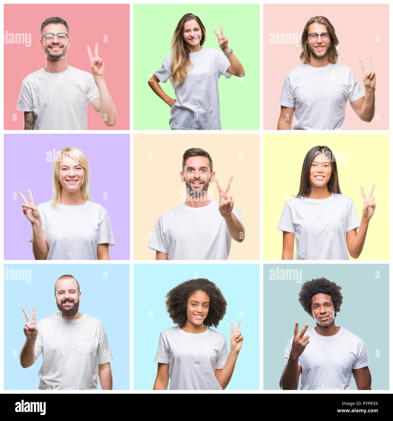Collage of group people, women and men over colorful isolated ...