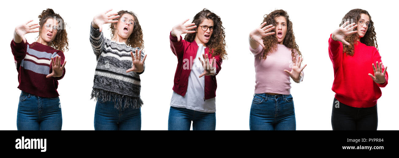 Collage of young brunette curly hair girl over isolated background ...